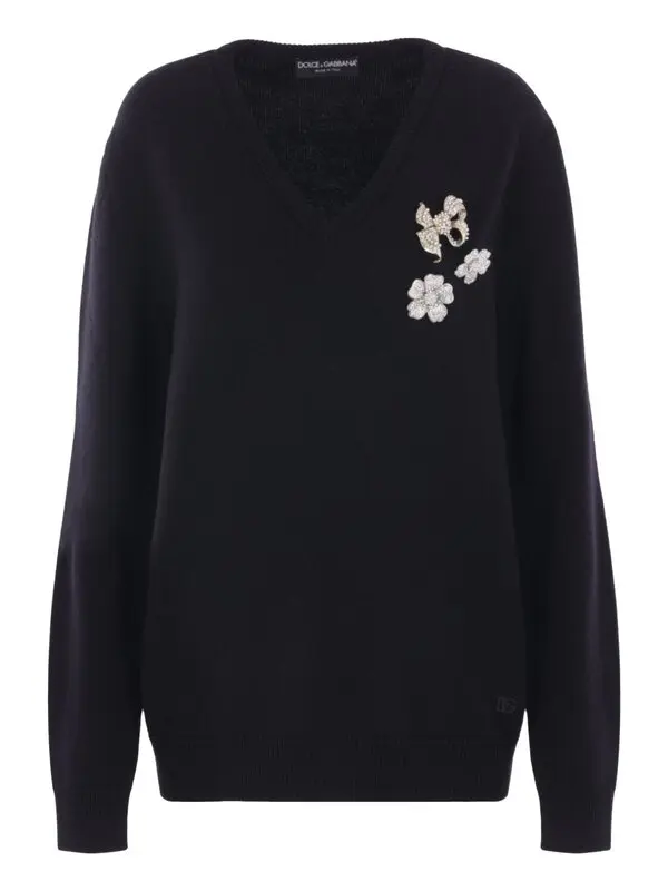 Dolce & Gabbana Embellished V-neck Knitted Pullover - Black