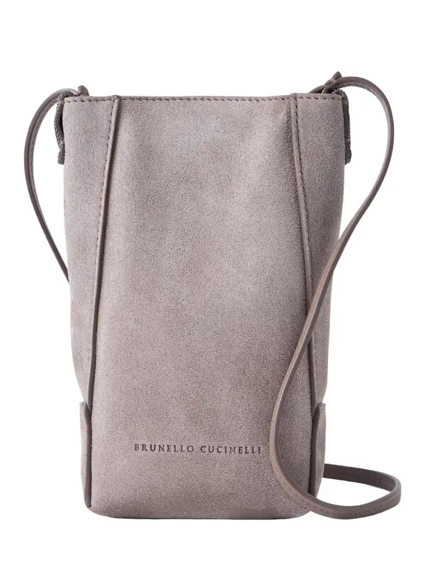 Brunello Cucinelli Suede Phone Bag With Monili Beads - Gray