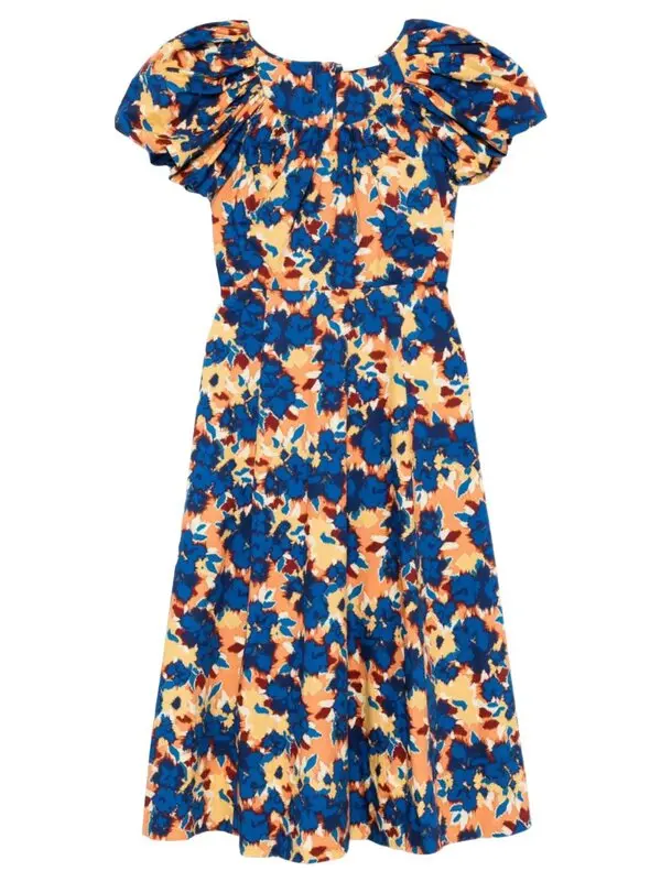 Ulla Johnson Imara Abstract Floral Print Puff Sleeve Midi Dress - Blue