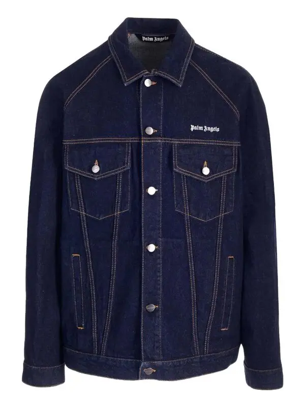 Palm Angels Logo Embroidered Denim Jacket - Black