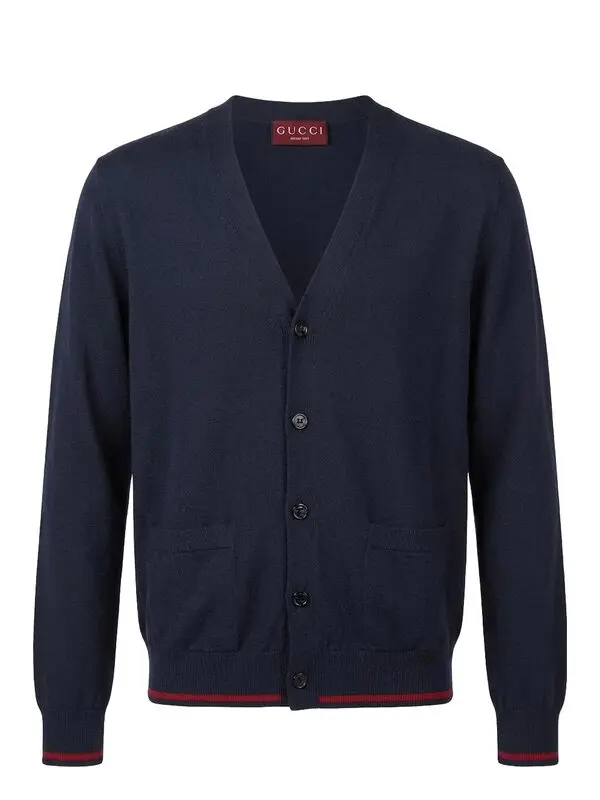 Gucci Wool Knit Cardigan With Web Trim - Dark Blue