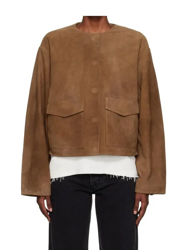 ST. AGNI Round Neck Long Sleeve Casual Jacket - Brown