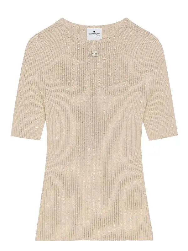 COURREGES Ribbed Knit Short Sleeve Top With Ac Logo - Cappuccino
