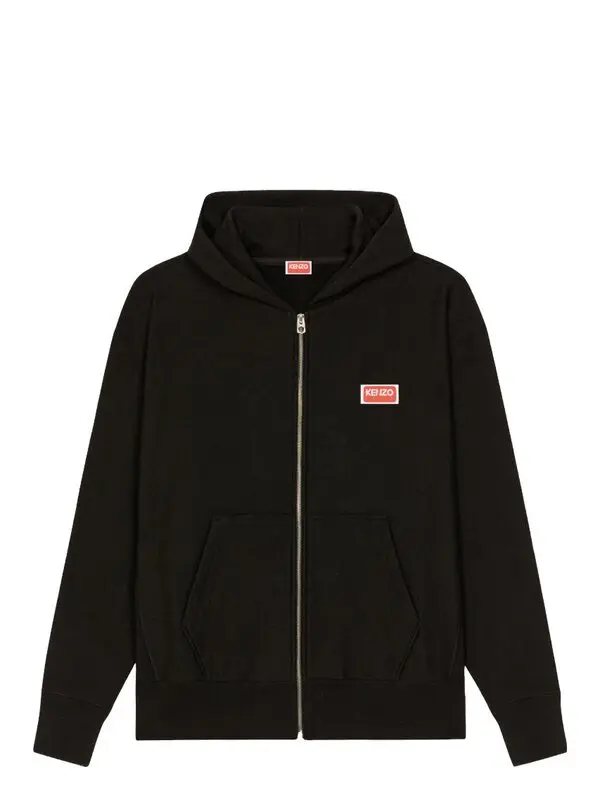 Kenzo Logo Embroidered Zip-up Hooded Jacket - Black