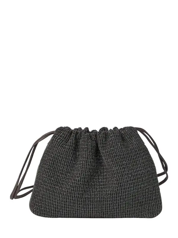 Brunello Cucinelli Precious Net Embroidery Clutch Bag With Drawstring Closure And Shoulder Strap - Black