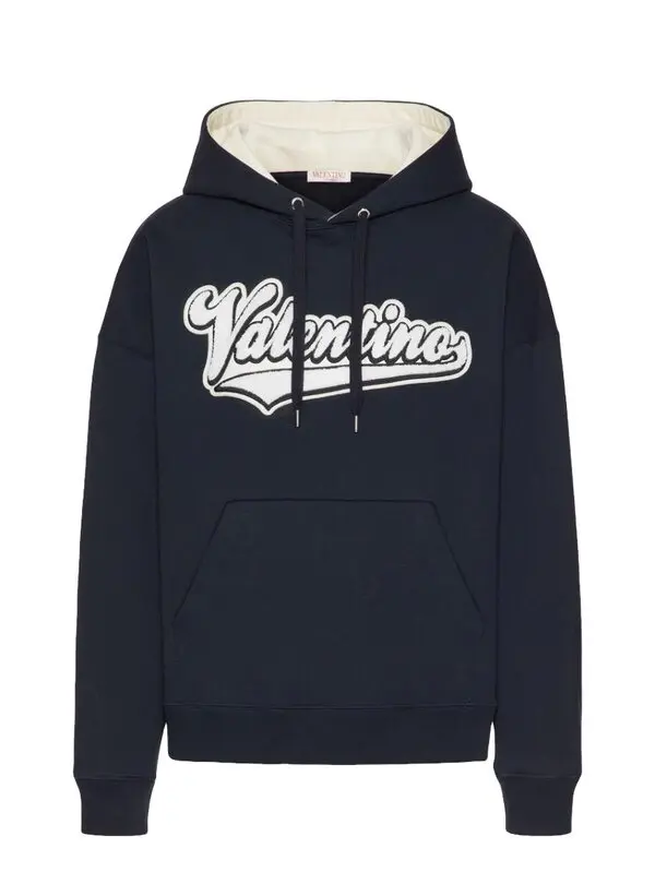 Valentino Garavani Logo Flocked Drawstring Hoodie - Navy Blue