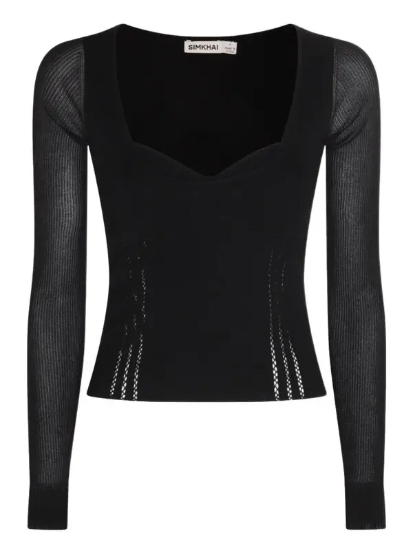 Simkhai Sweetheart Neck Fine Knit Top With Semi-sheer Sleeves - Black