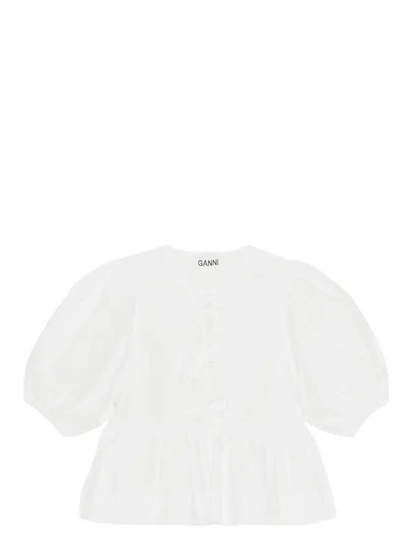 GANNI Poplin Peplum Tie Blouse - White
