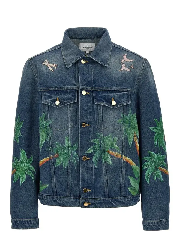 Casablanca Tennis Club Washed Denim Jacket With Palm Tree And Bird Embroidery - Blue