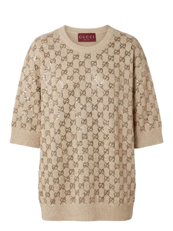 Gucci Sequined Monogram Crew Neck Sweater - Beige