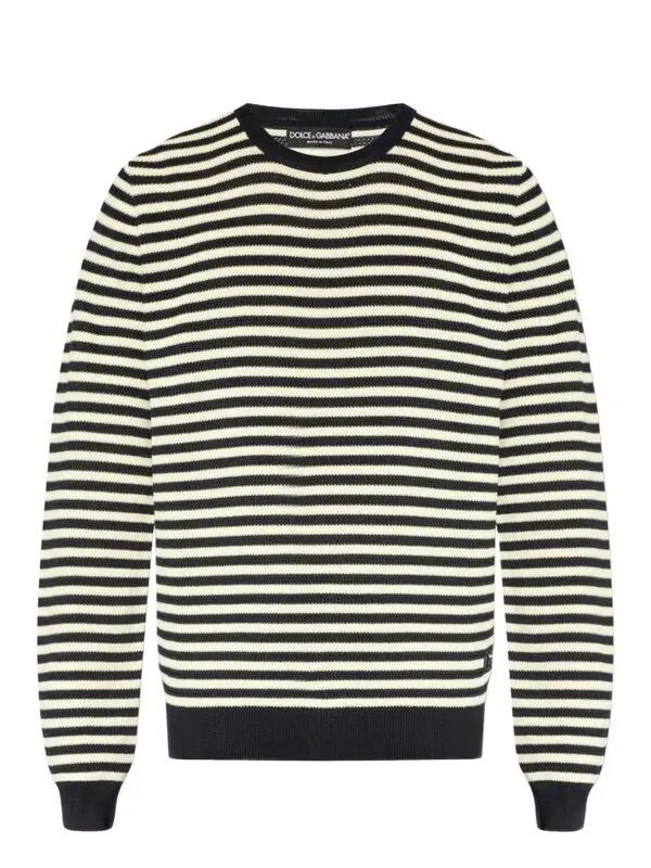 Dolce & Gabbana Striped Logo Embroidered Knit Jumper - White