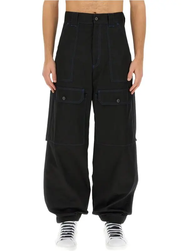 MSGM Contrast Stitch Logo Patch Cargo Trousers - Black