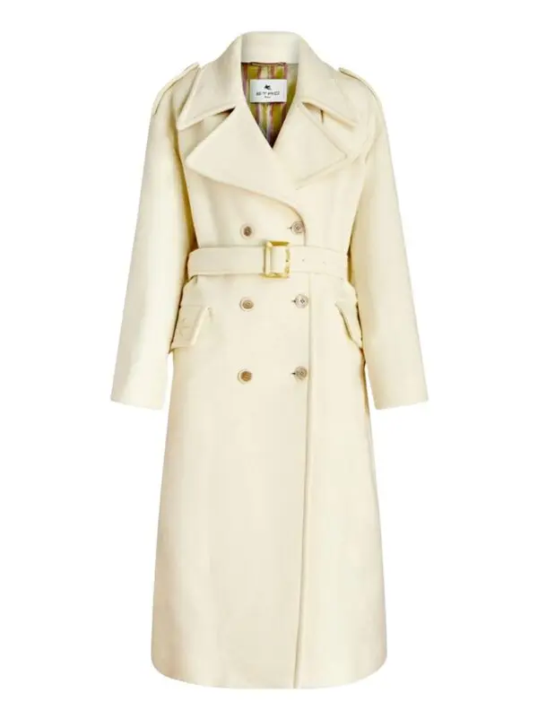Etro Double-breasted Belted Long-sleeved Coat - White