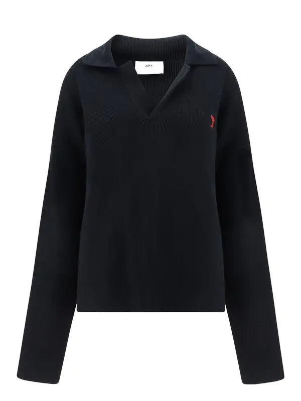 Ami Long-sleeve Knitted Polo Shirt - Black