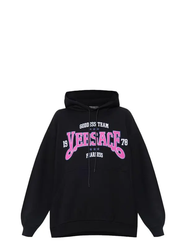 Versace Logo Printed Hooded Long Sleeve Sweater - Black