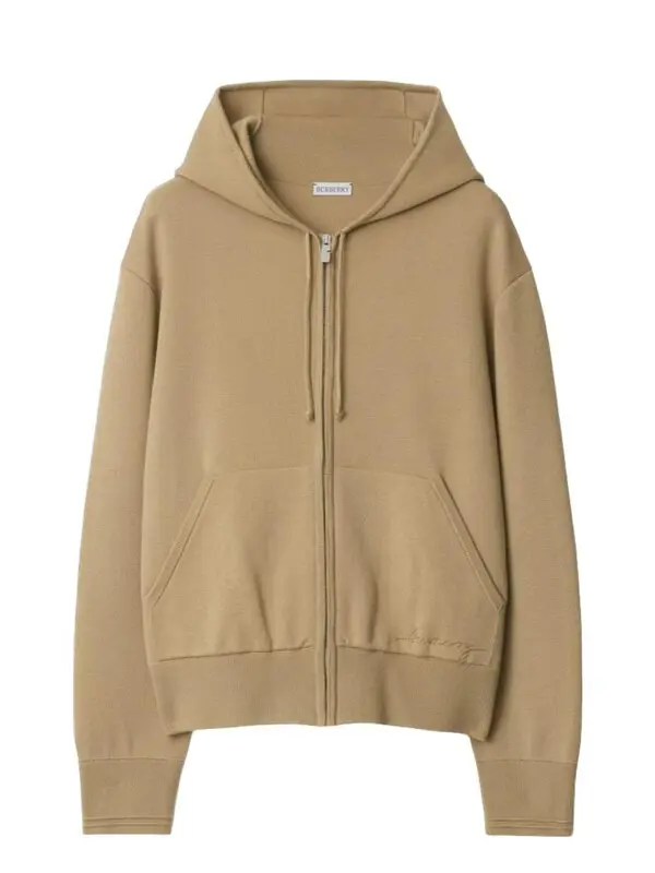 Burberry Zip-up Drawstring Hoodie With Embroidered Hem - Sand-colored