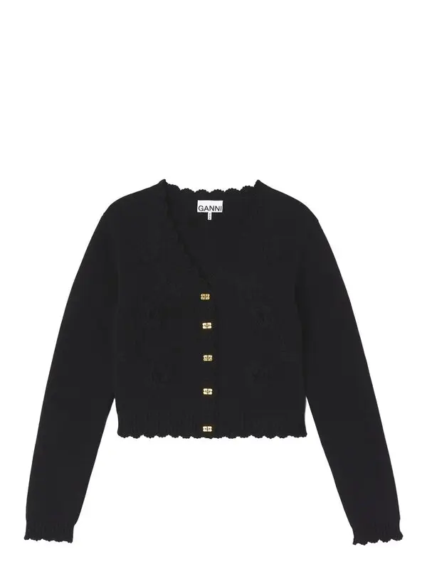 GANNI Crochet Appliqué Cropped Cardigan - Black