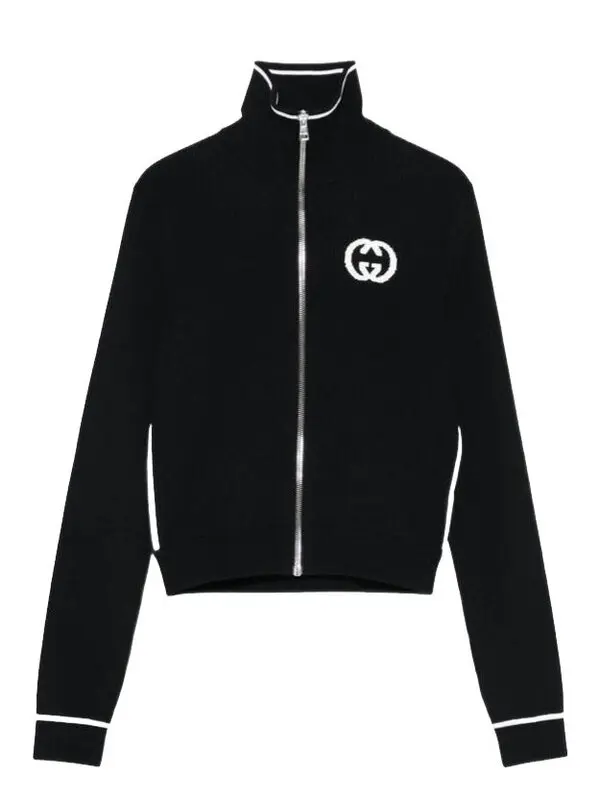 Gucci Logo Intarsia Ribbed Zip Jacket - Black