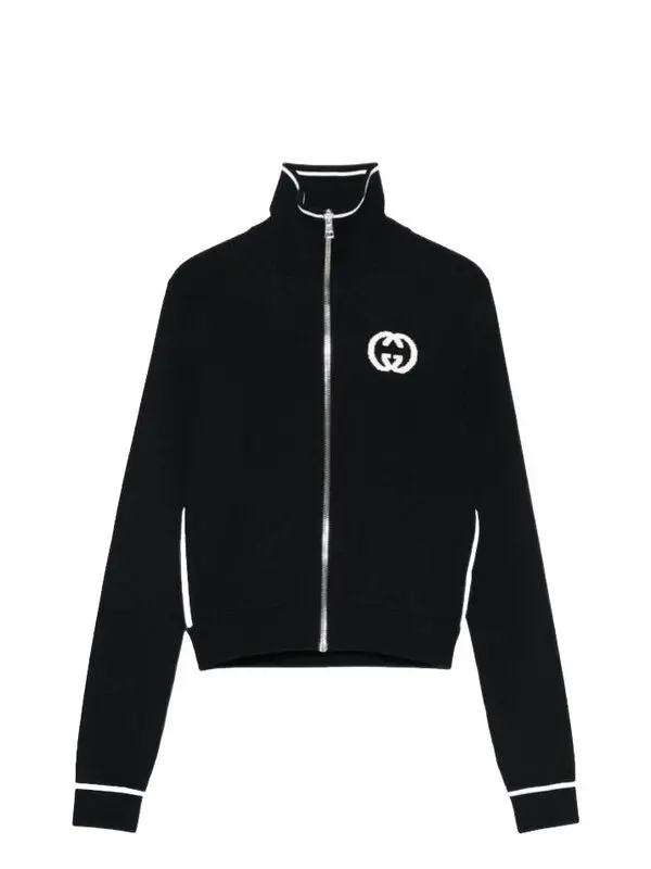 Gucci Ribbed Zip Jacket With Interlocking G Intarsia - Black