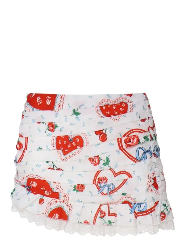 For Love & Lemons Heart Print Ruched Mini Skirt With Eyelet Trim - White