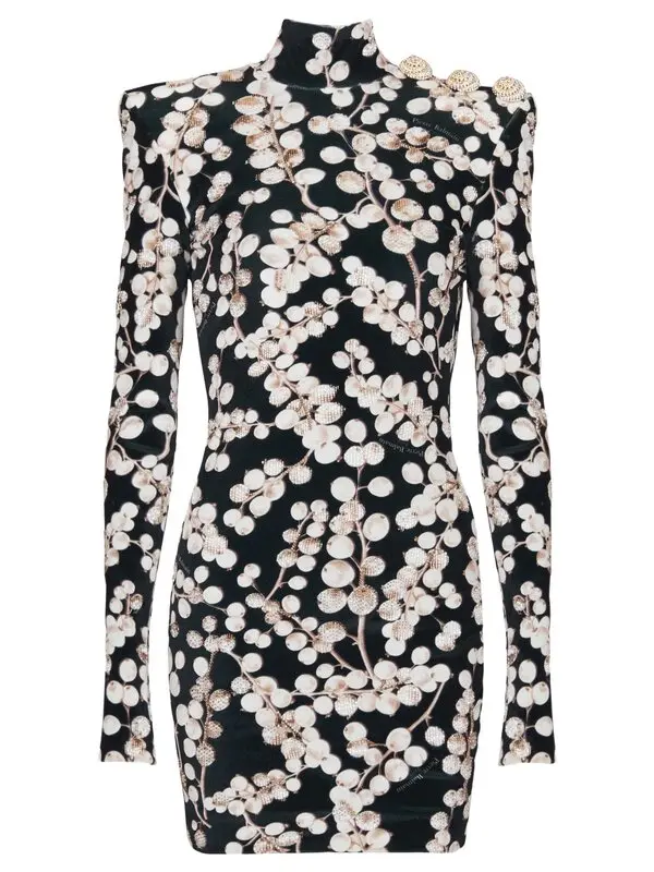 Balmain Backless Velvet Dress With Redcurrant Print - Black