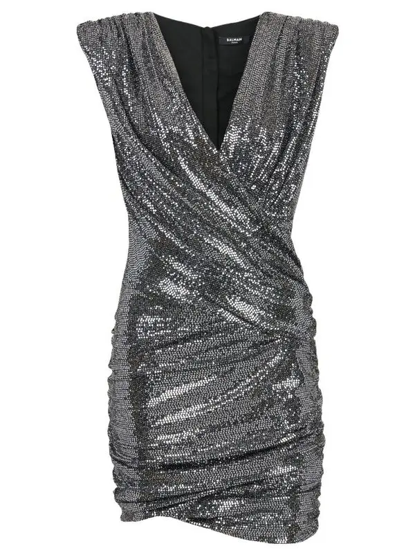 Balmain Ruched Wrap Sleeveless Mini Dress - Black