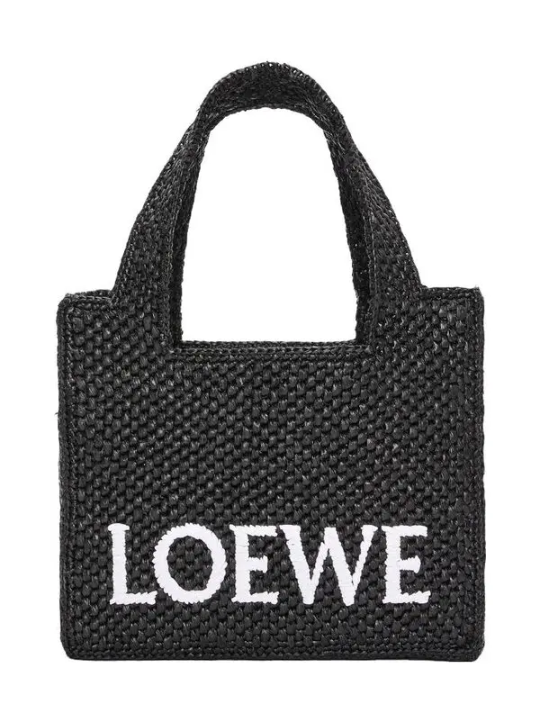 Loewe Mini Font Tote In Raffia - Black