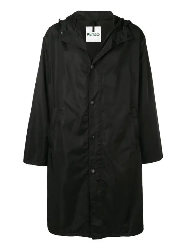 Kenzo Logo Printed Long Overcoat - Black