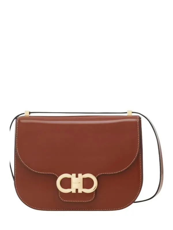FERRAGAMO Double Gancini North-south Crossbody Bag - Black Cognac