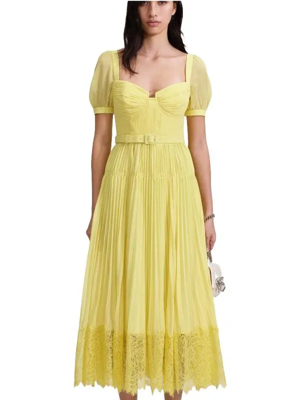 SELF-PORTRAIT Lace-panel Pleated Midi Dress - Yellow