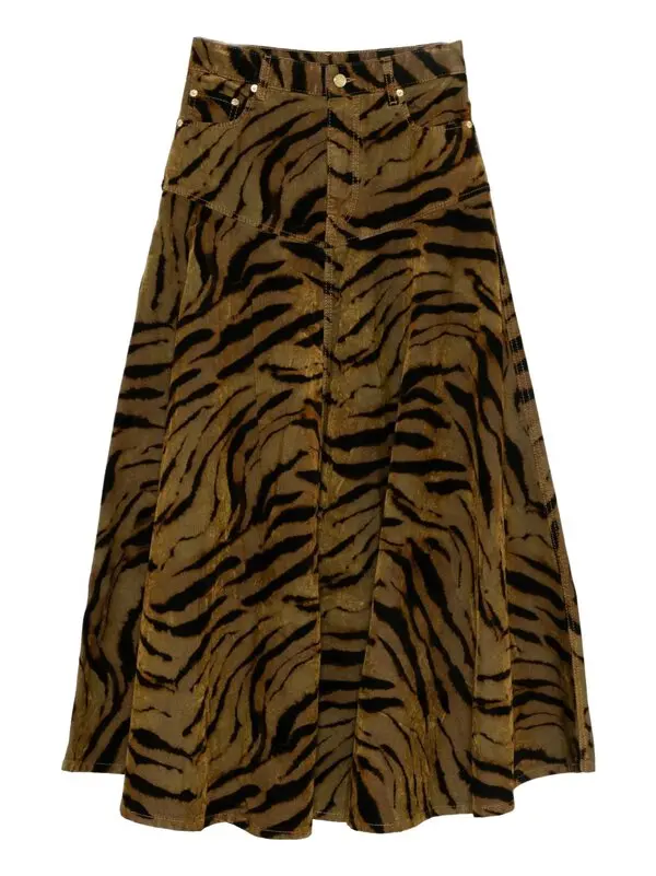 GANNI Tiger Print Denim Skirt - Brown