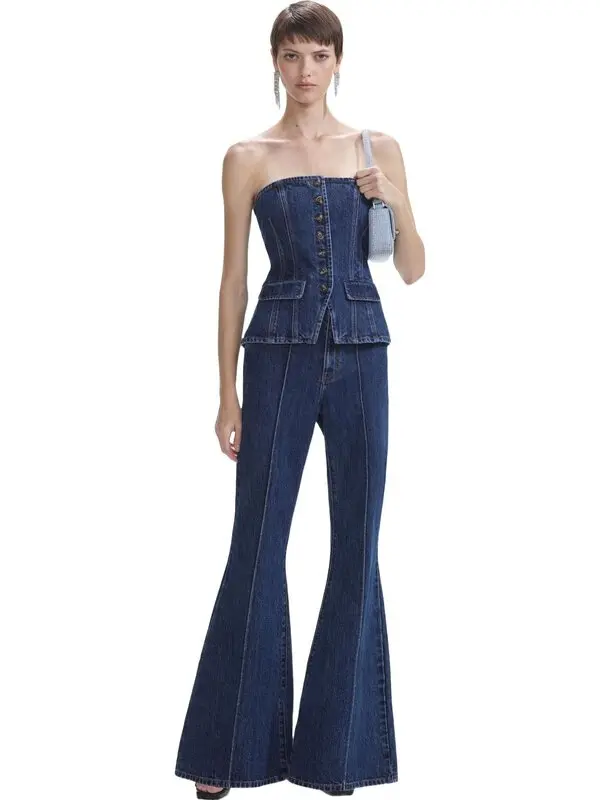 SELF-PORTRAIT Denim Flared Trousers Set - Blue