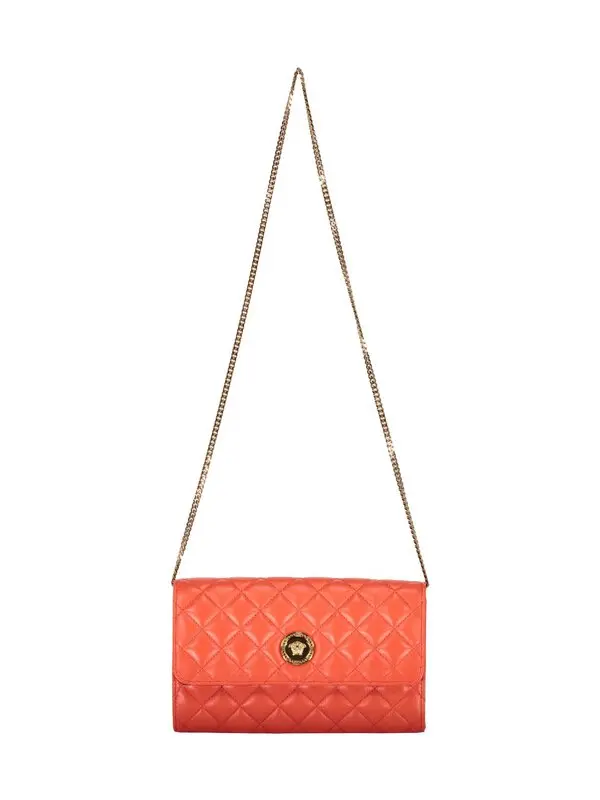 Versace Quilted Foldover Clutch Bag With Buckle Closure - Orange