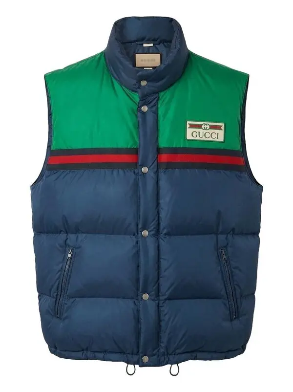 Gucci Colour Blocked Logo Patch Padded Gilet - Dark Blue And Green