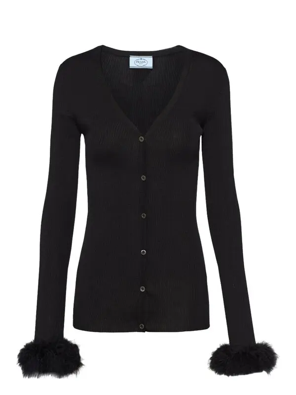 Prada Ribbed Cardigan With Feather Cuffs - Black