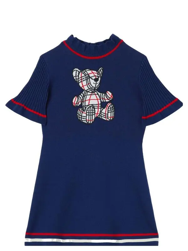 Burberry Jacquard Bear Knit Dress With Ruffled Collar - Blue