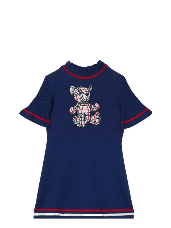 Burberry Jacquard Bear Knit Dress With Ruffled Collar - Blue