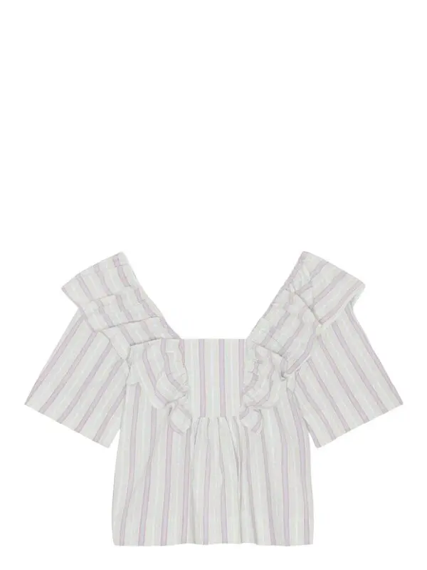 GANNI Striped Seersucker Ruffle Blouse - Lavender/chalk Color
