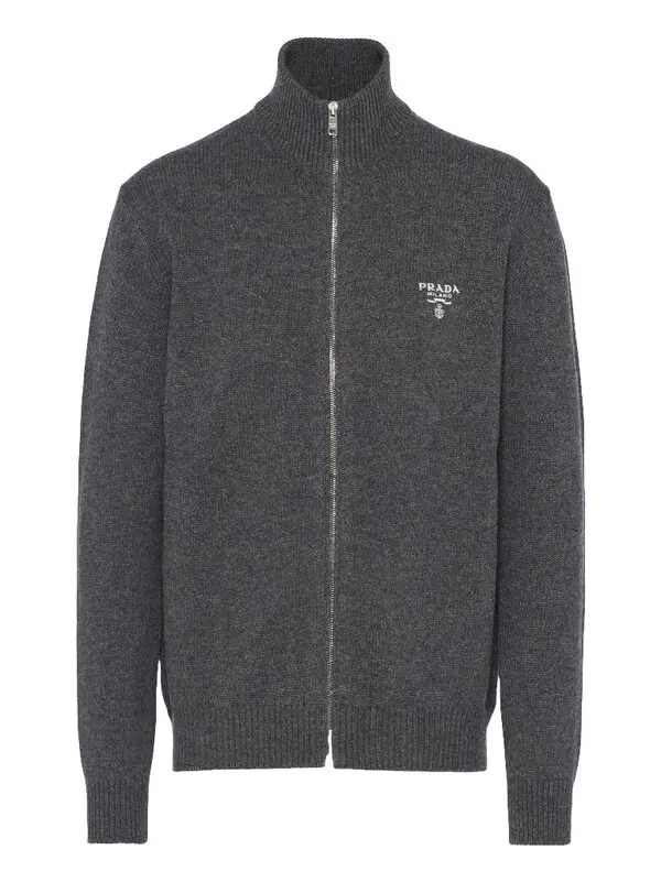 Prada Logo Embroidered Full-zip Knit Cardigan - Limestone Ash