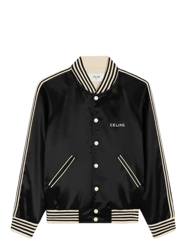 Celine Embroidered Teddy Jacket In Satin-finish Nylon - Black