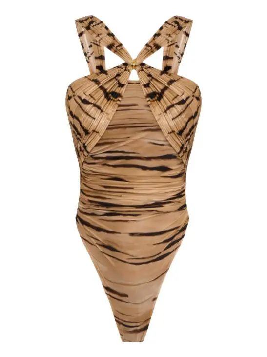 Elisabetta Franchi Tiger Printed Ruched Bodysuit - Camel