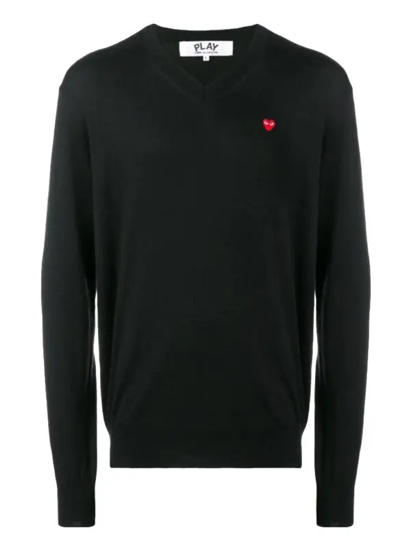 Play Comme Des Garcon Contrast Logo V-neck Jumper - Black