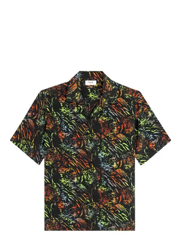 Celine Hawaiian Shirt With Print In Crepe De Chine - Black
