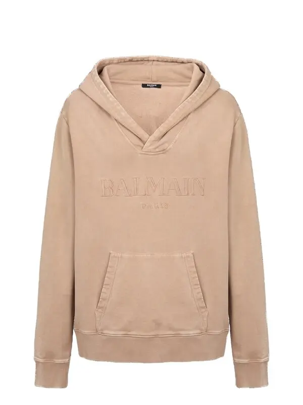 Balmain Logo Embroidered Hooded Sweatshirt - Nude