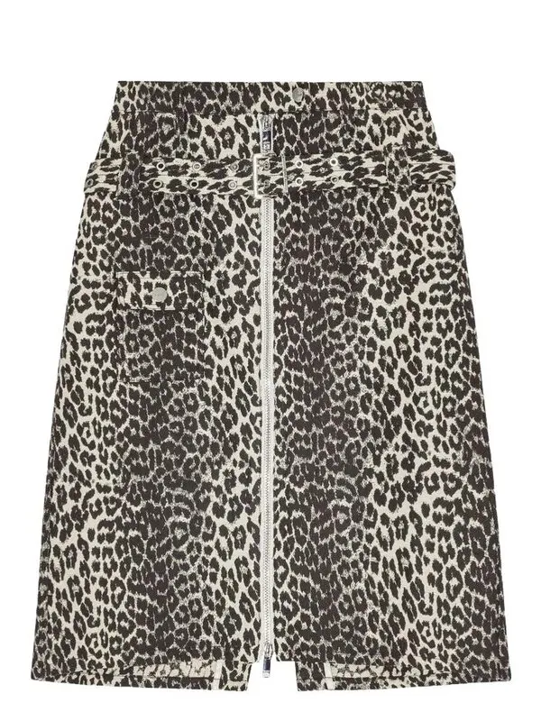 GANNI Cotton Tweed Midi Skirt With Belt - Leopard