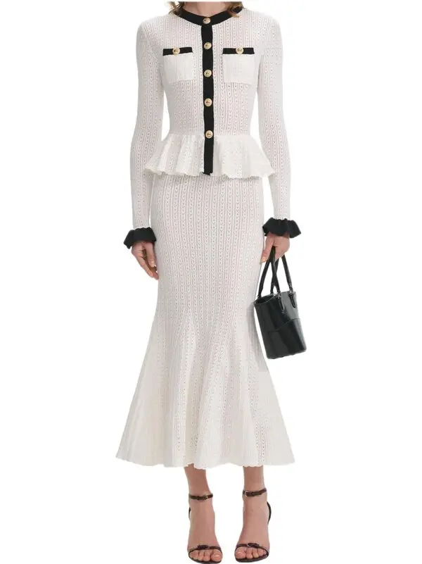 SELF-PORTRAIT Pointelle Knit Contrast Midi Dress - White