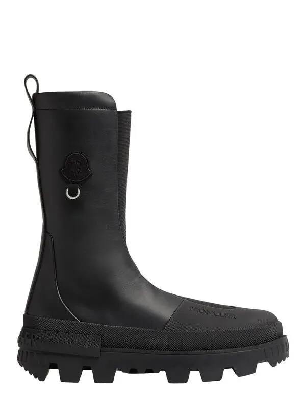 Moncler Leather Boots With Logo Patch - Black