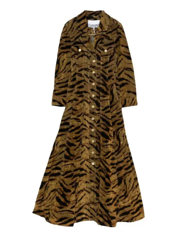 GANNI Tiger Print Button-up Maxi Dress - Brown