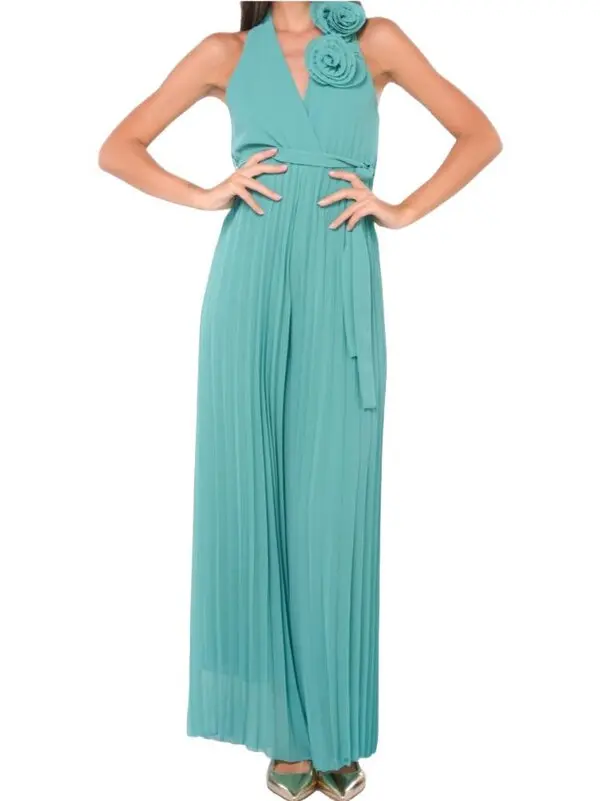 KAOS Halter Neck Pleated Jumpsuit With Rose Detail - Green
