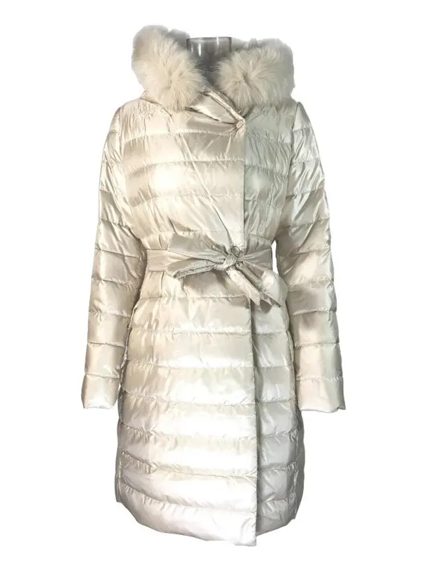 Max Mara Long Hooded Down Jacket With Waist Strap And Fur Trim - White